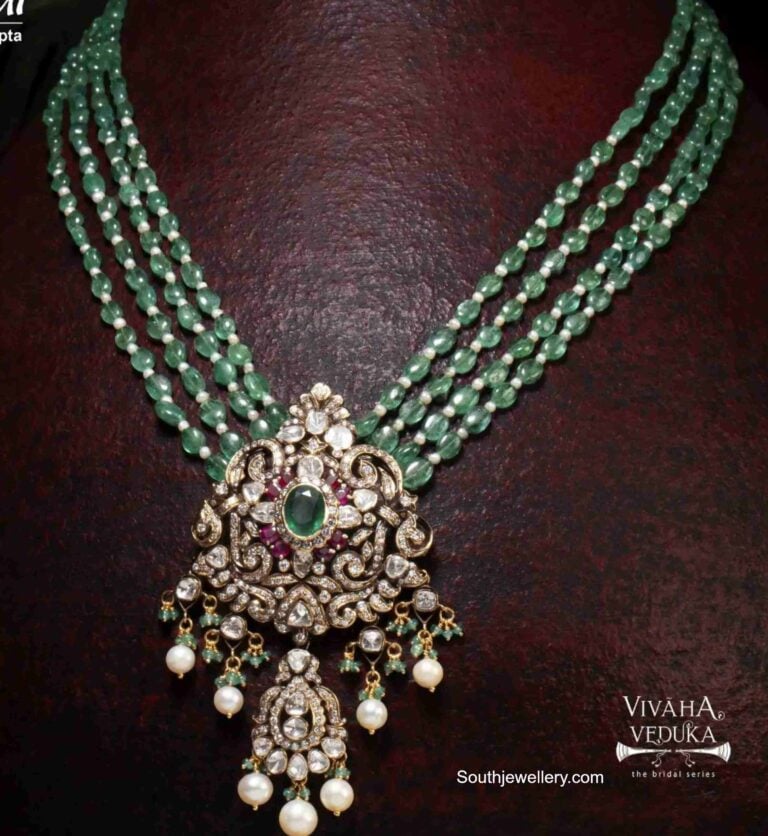 Emerald beads necklace with polki pendant - Indian Jewellery Designs
