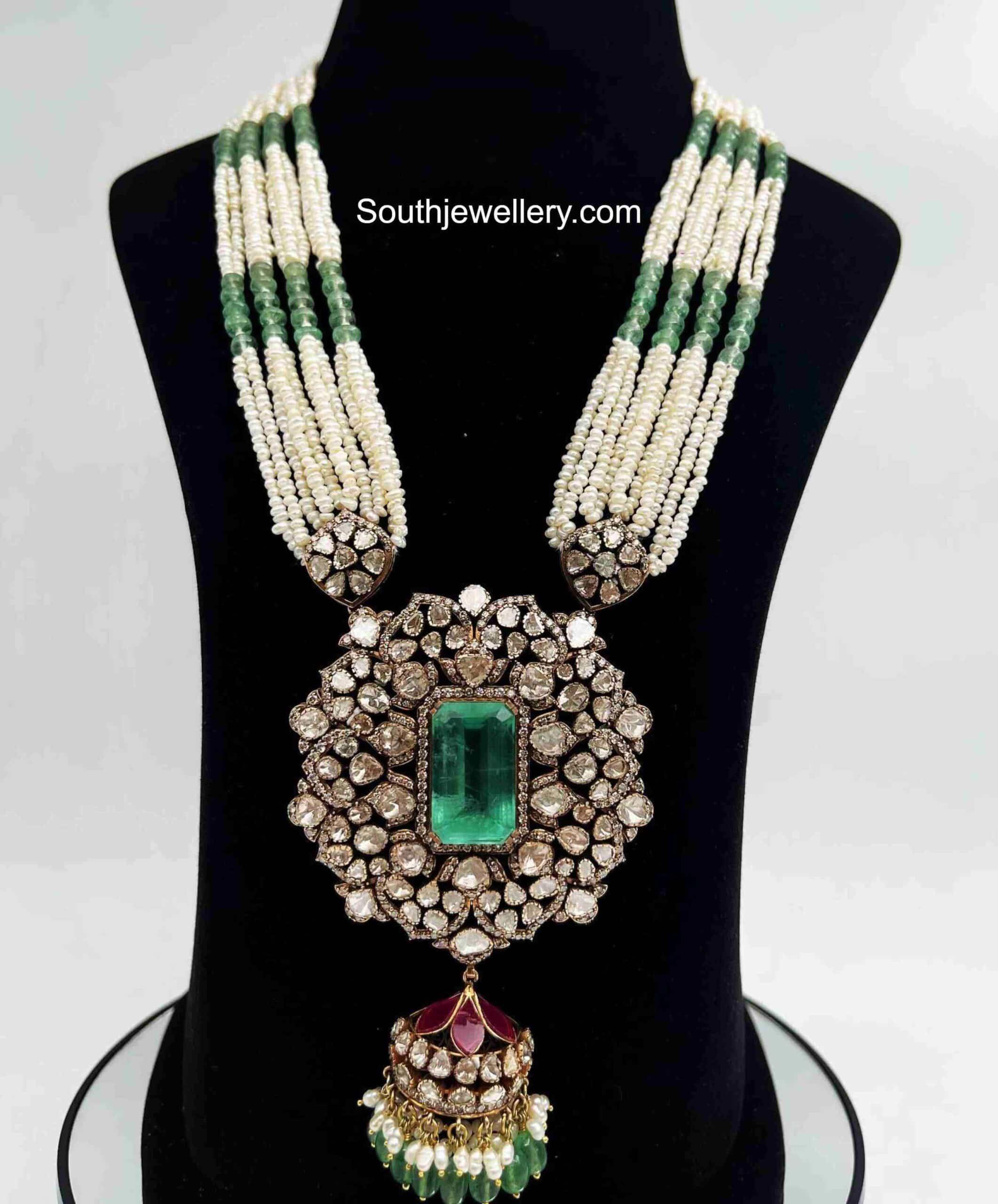Multi-strand pearl haram with polki pendant