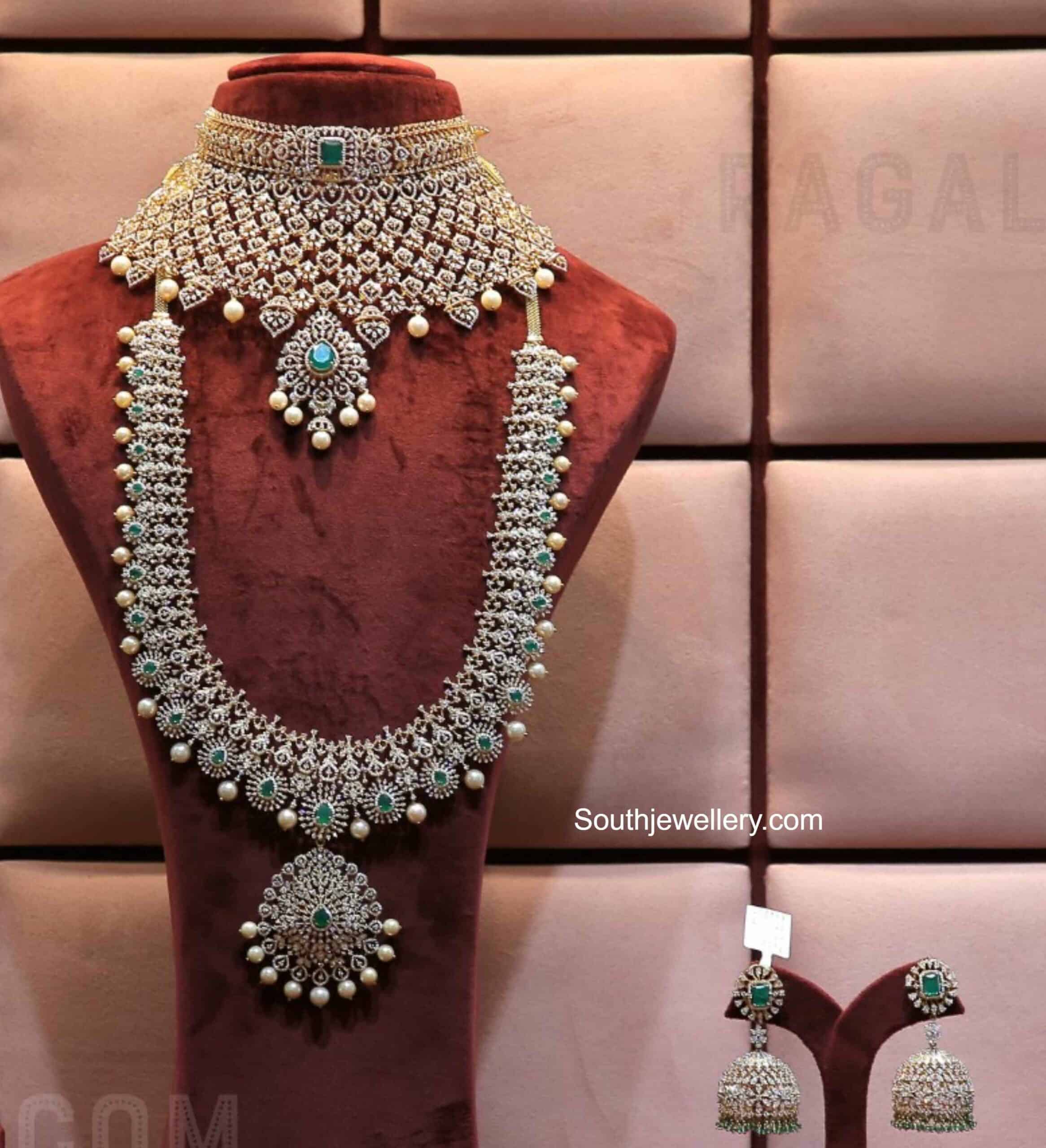 Diamond and emerald bridal jewellery set