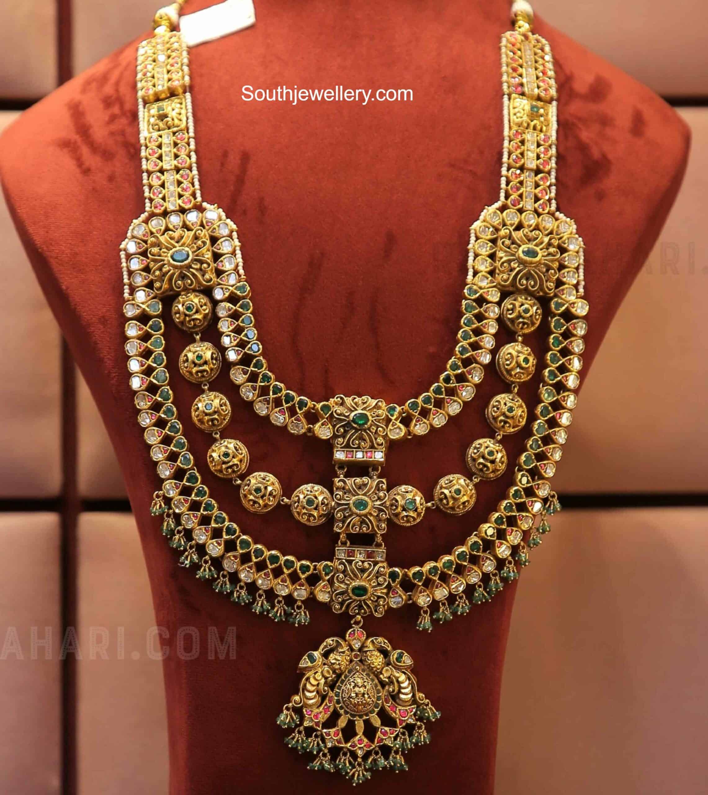 Antique gold polki emerald haram - Indian Jewellery Designs