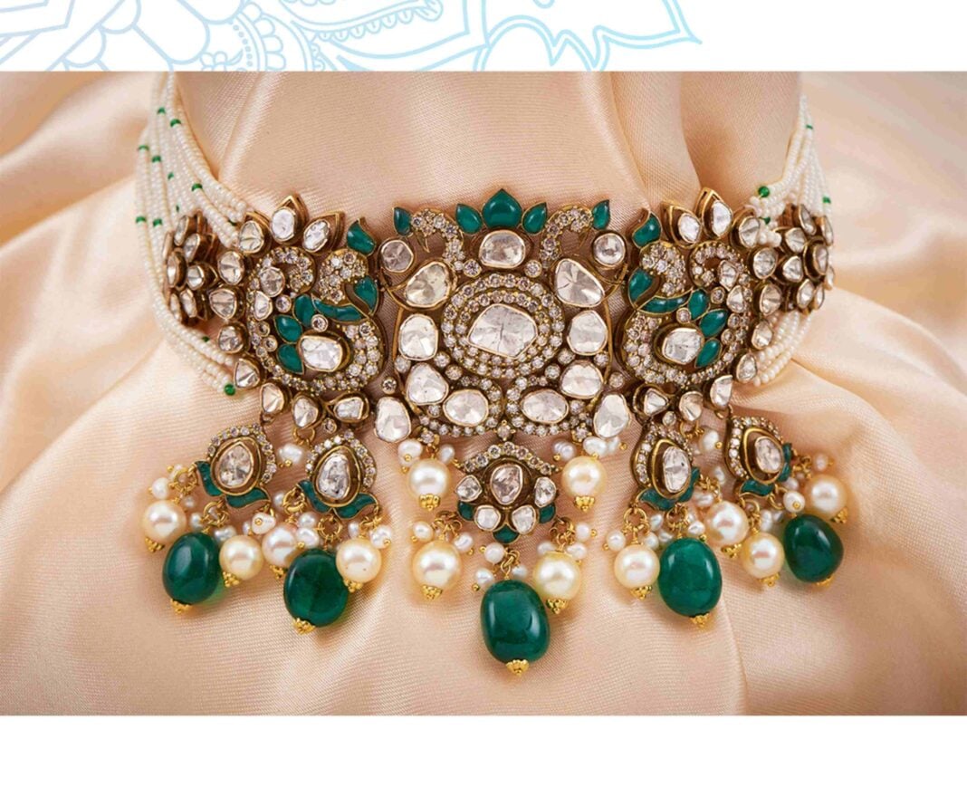 Pearl choker with polki emerald pendant - Indian Jewellery Designs