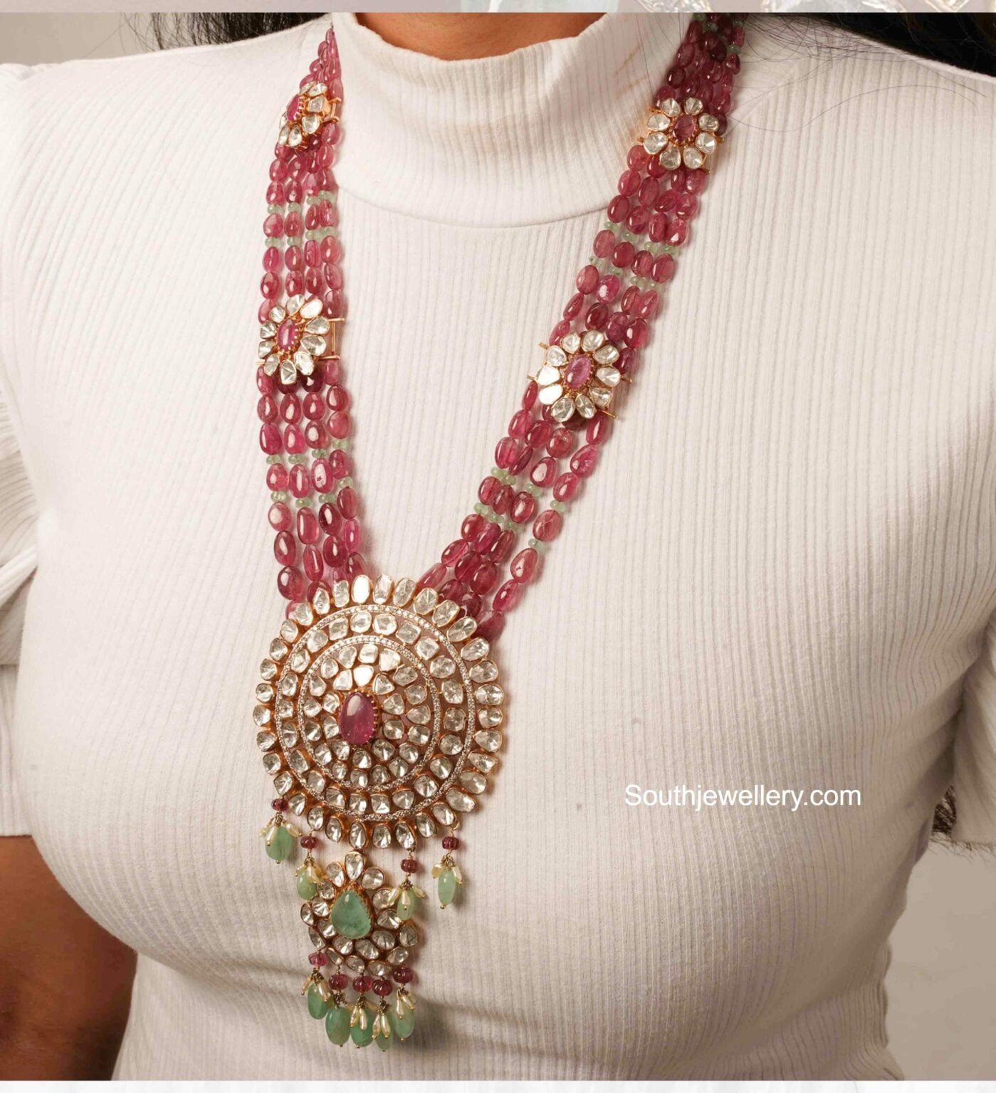 Ruby beads mala with polki pendant - Indian Jewellery Designs