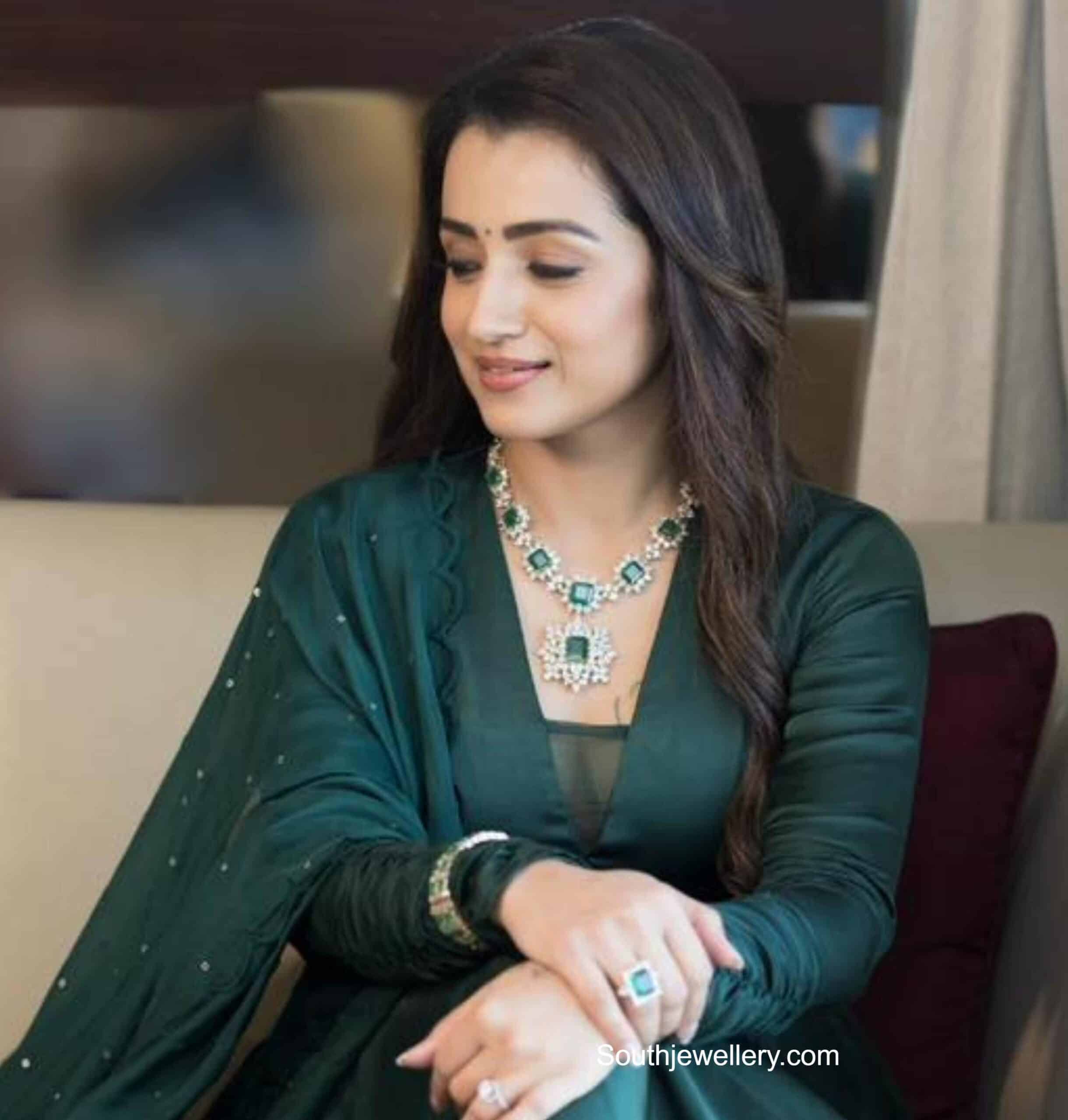 Trisha Krishnan in diamond emerald necklace set - Indian Jewellery Designs