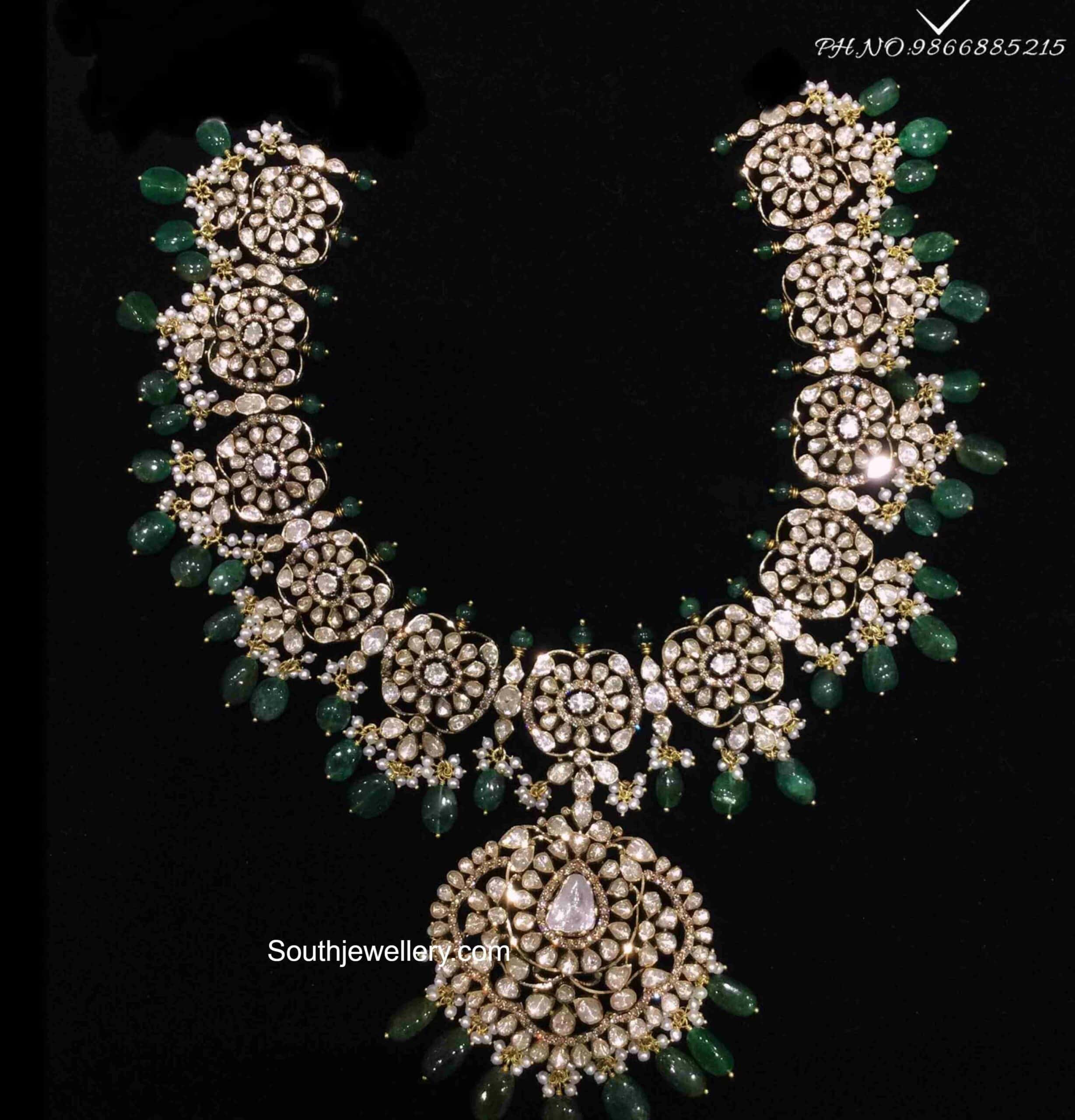 Polki diamond and emerald necklace - Indian Jewellery Designs