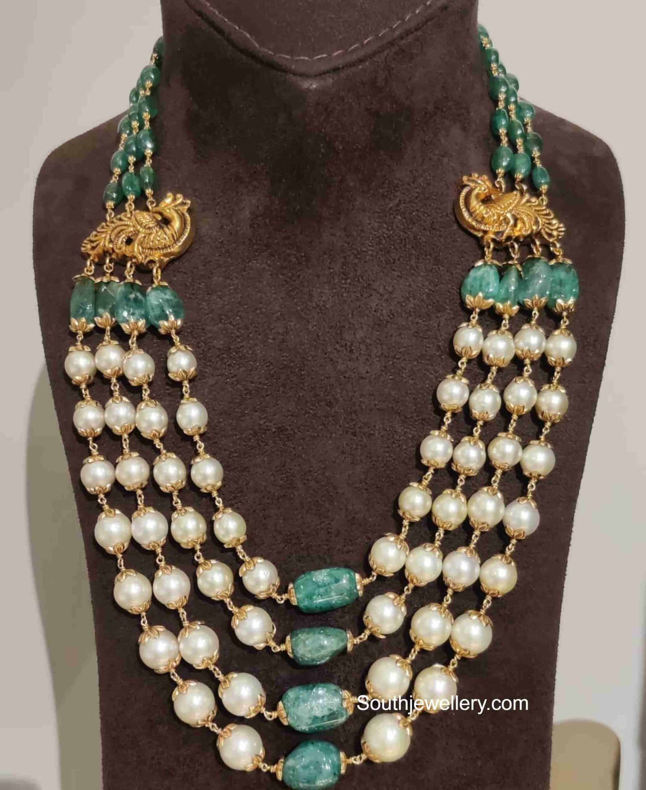 Pearl and emerald beads mala with peacock side pendants - Indian ...