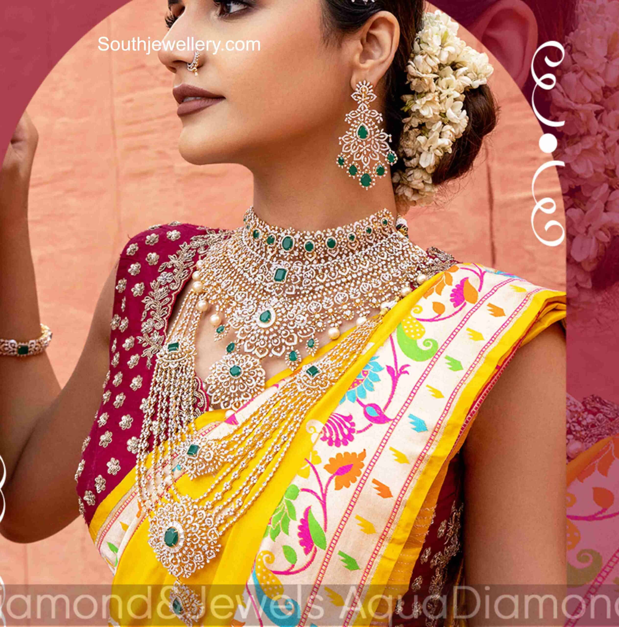 Bridal diamond emerald jewelry set - Indian Jewellery Designs
