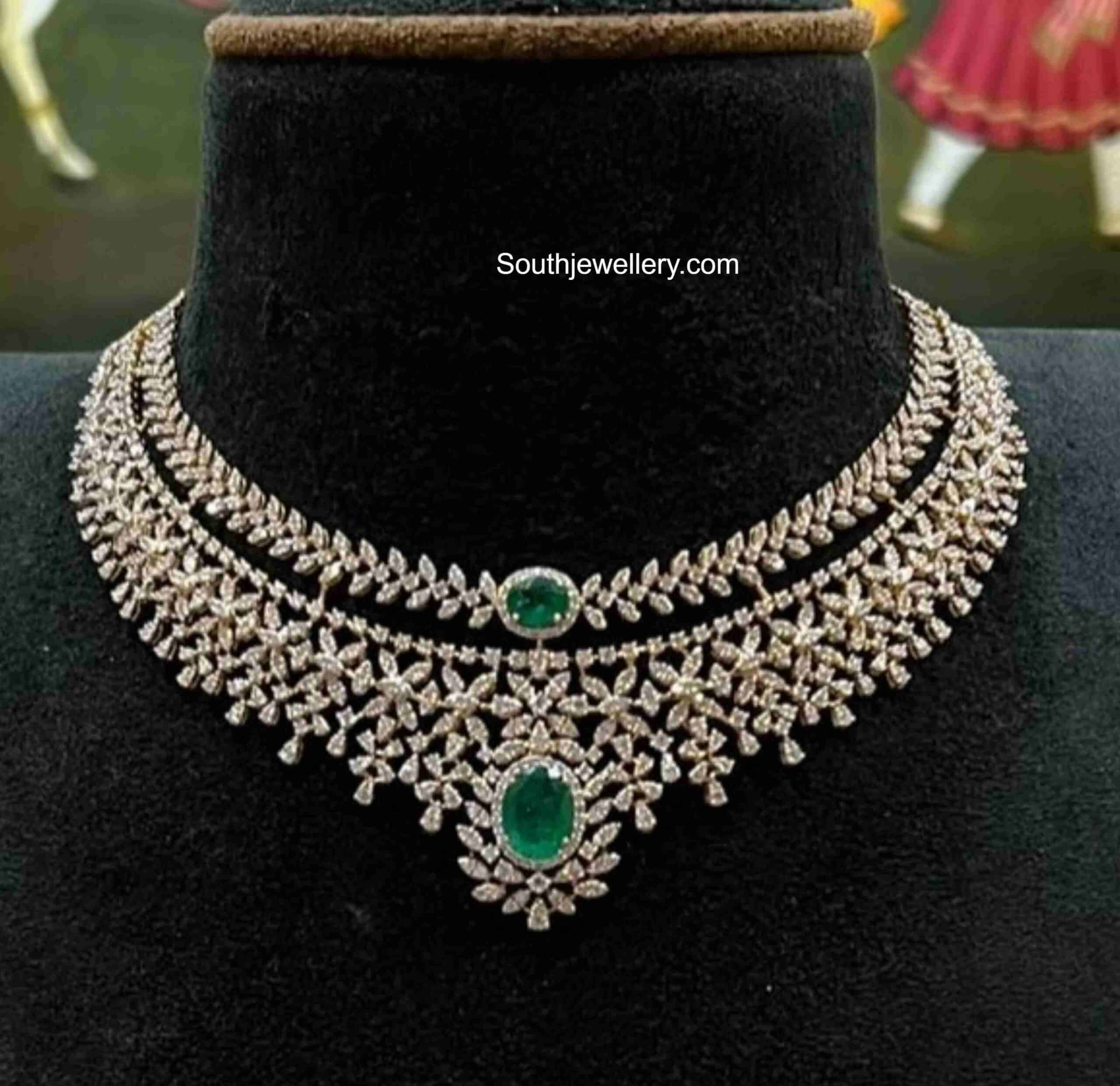 Simple diamond emerald necklace - Indian Jewellery Designs
