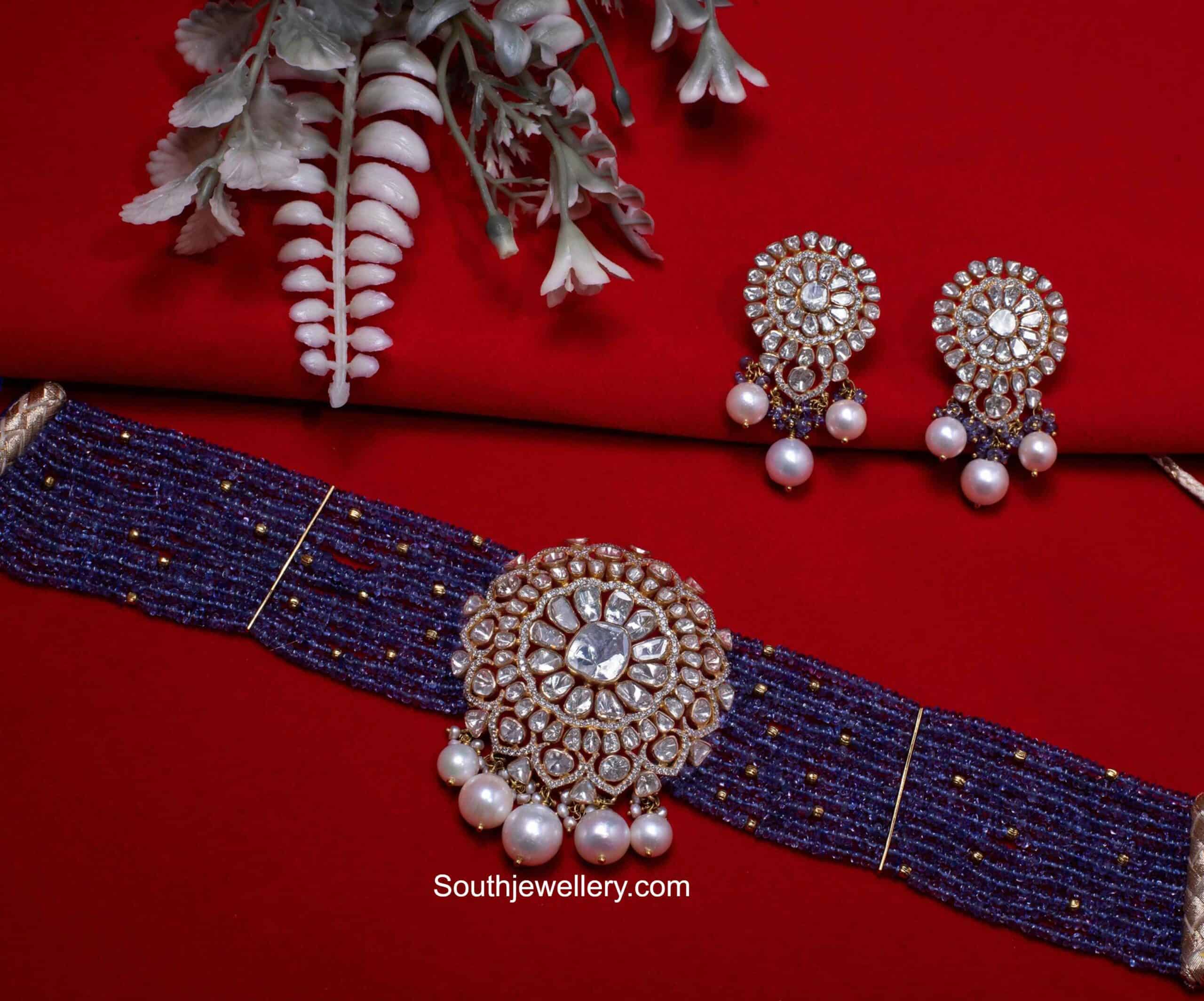 Beads choker with polki pendant and matching earrings