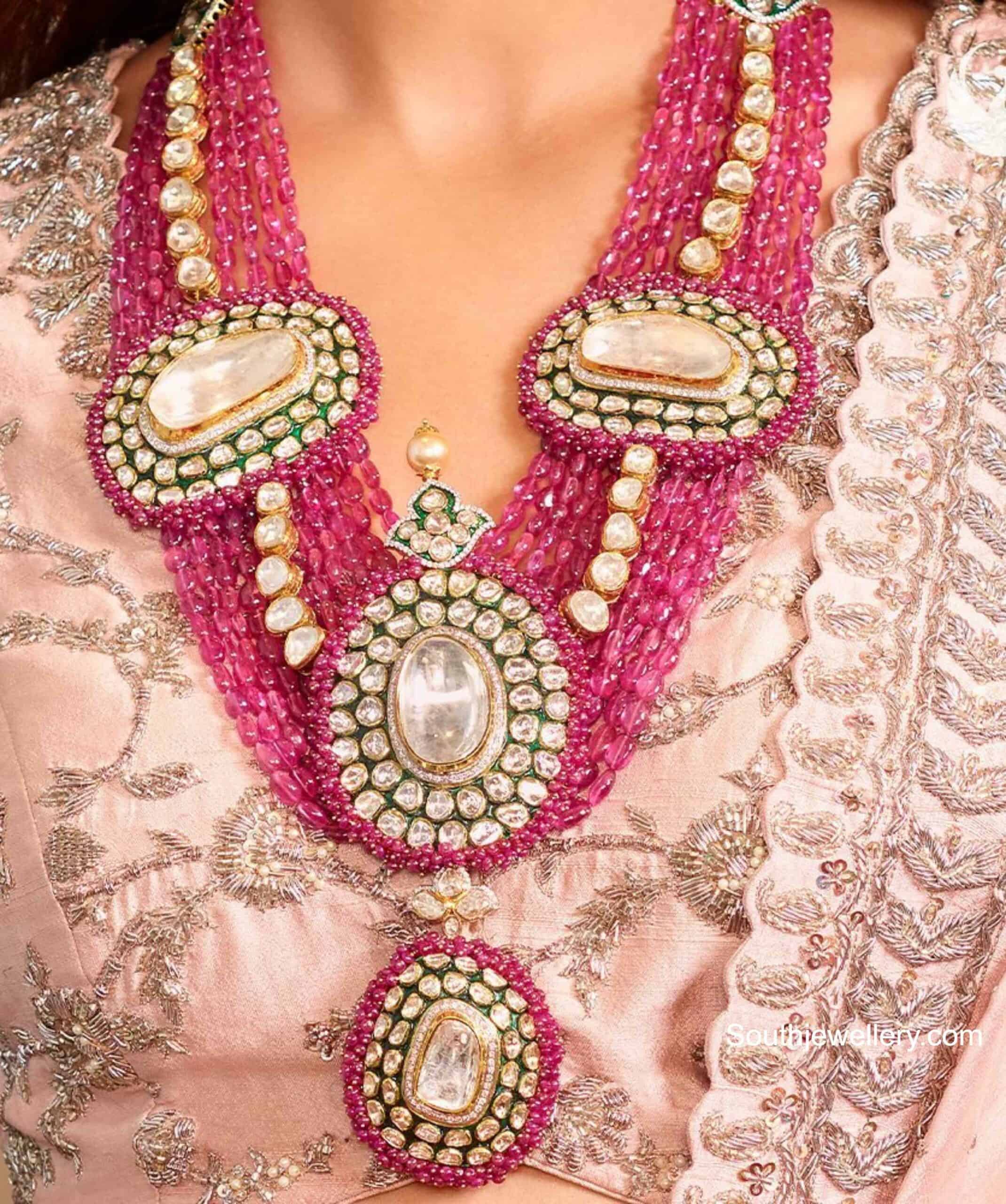 Ruby beads mala with polki pendants - Indian Jewellery Designs