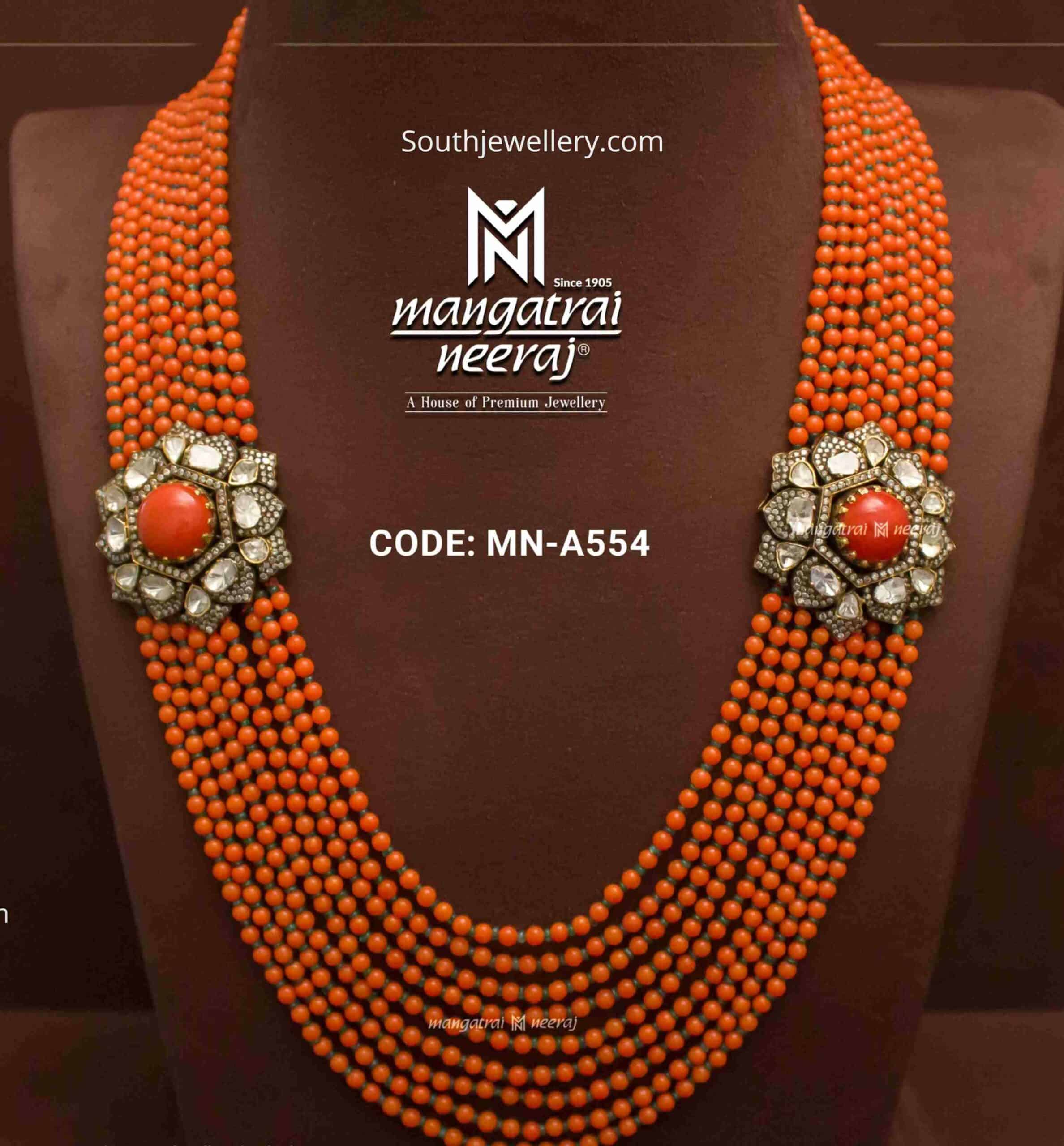 Coral beads mala with polki side pendants - Indian Jewellery Designs