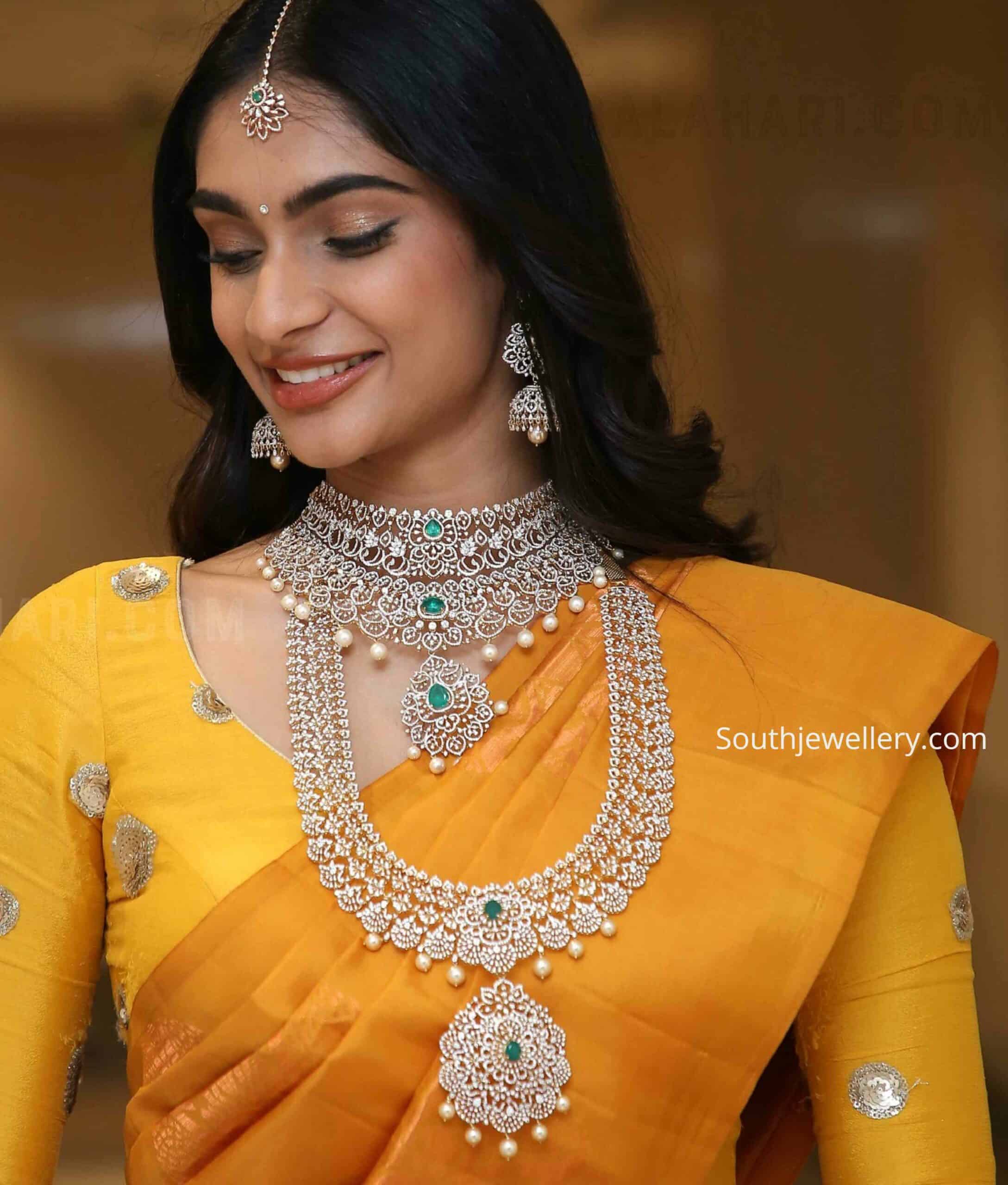 Bridal diamond emerald jewellery set - Indian Jewellery Designs