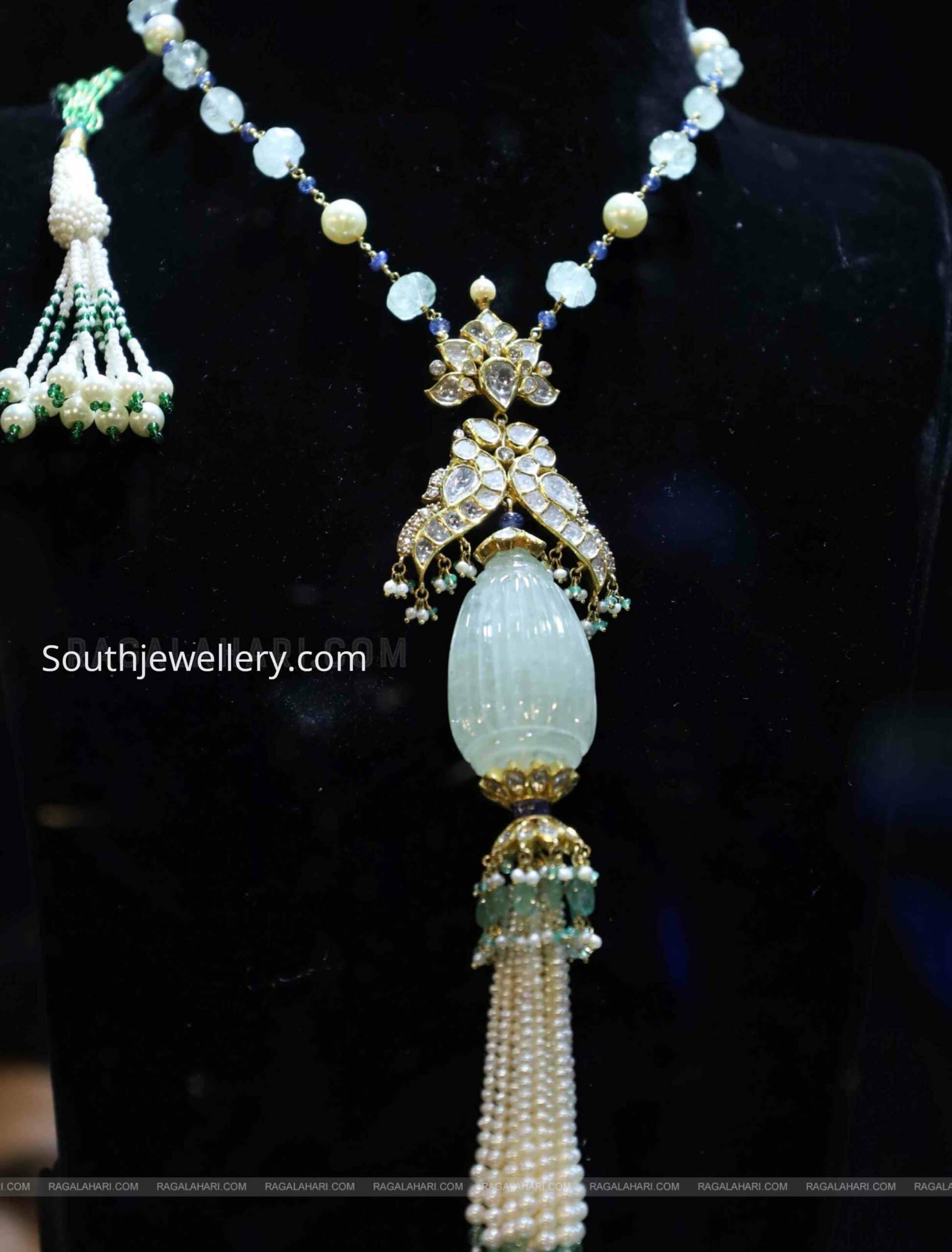 Pumpkin beads necklace with polki pendant - Indian Jewellery Designs