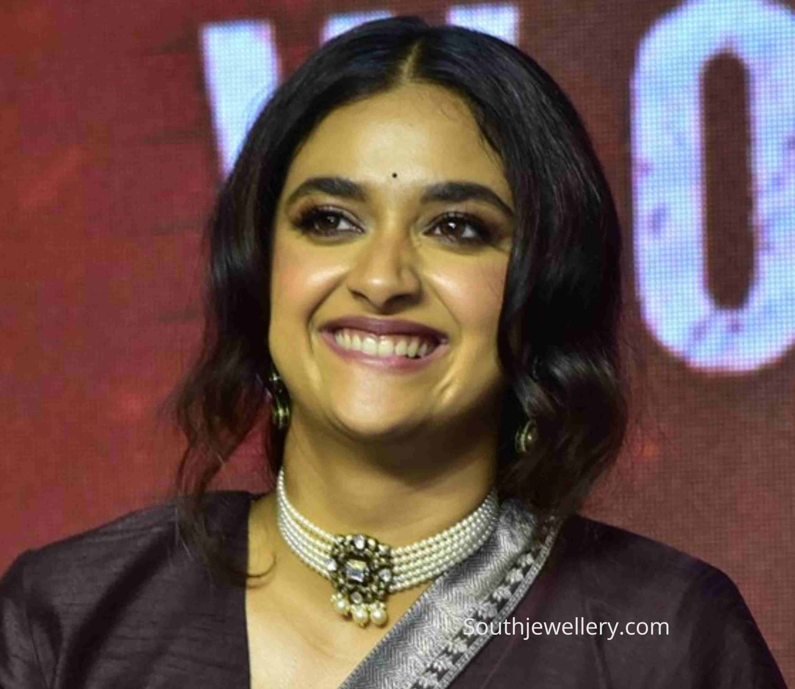 Keerthy Suresh in a pearl choker with Victorian polki pendant - Indian ...