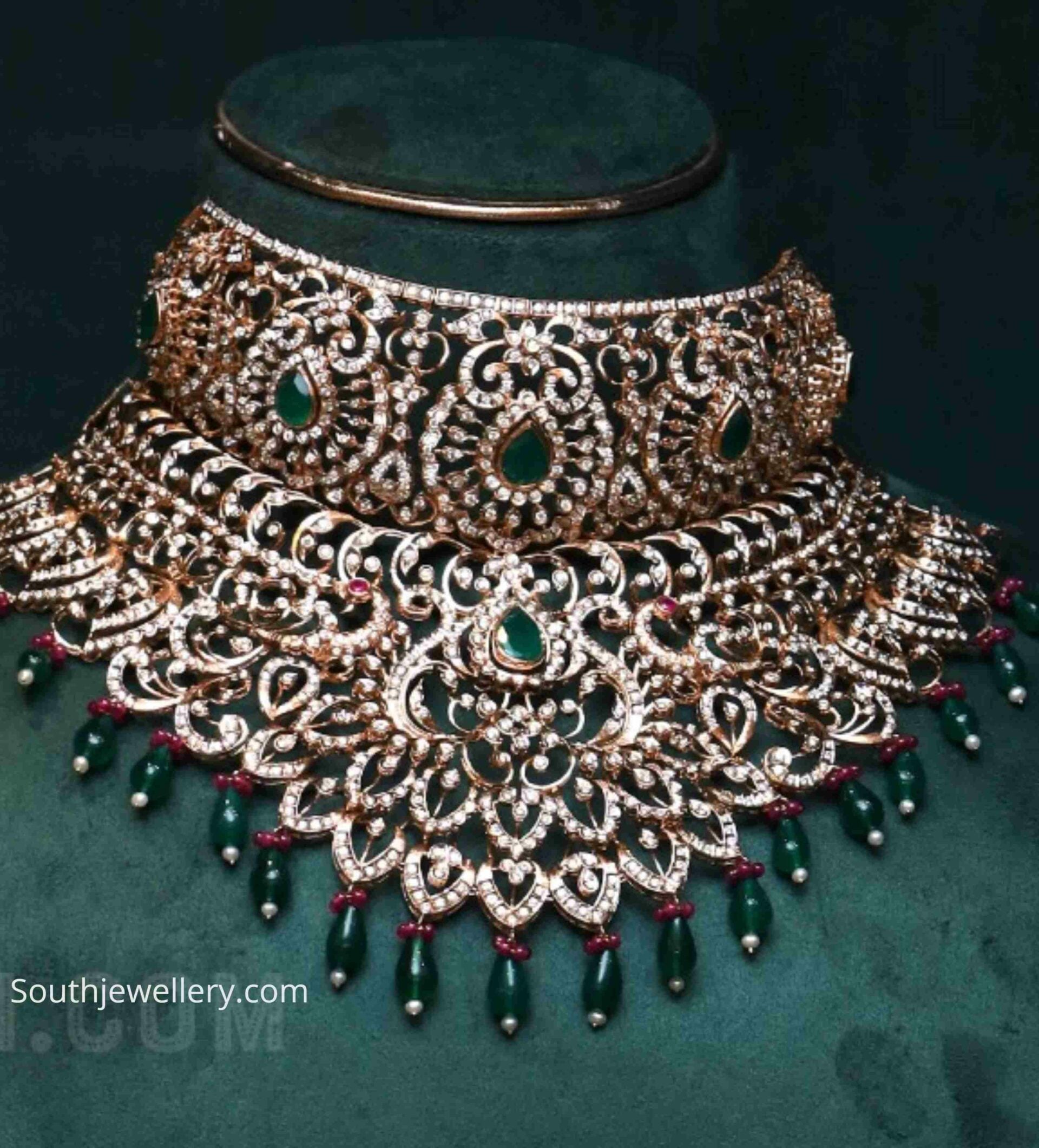 Bridal diamond peacock double decker choker - Indian Jewellery Designs