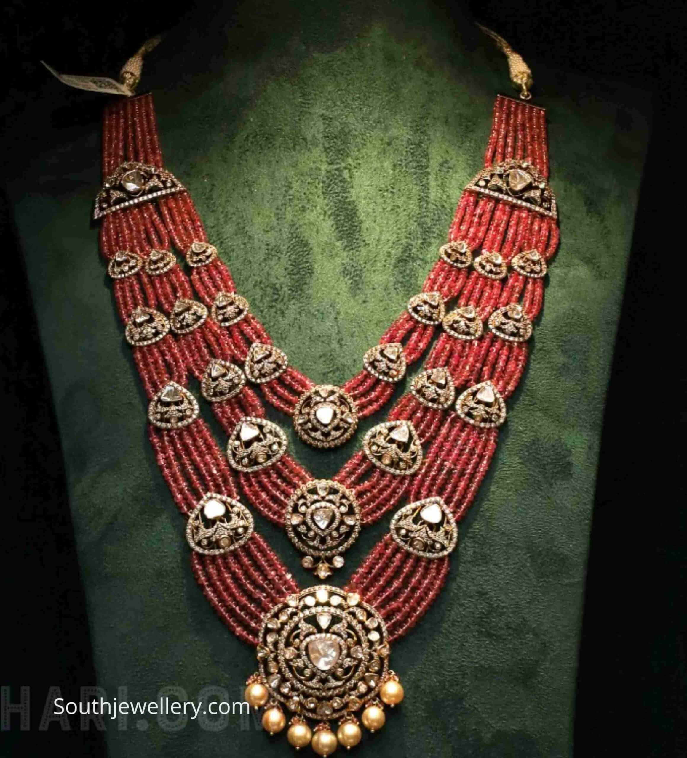Multi-strand ruby beads haram with polki motifs - Indian Jewellery Designs